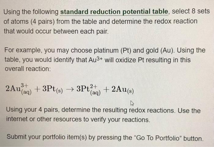 Solved Using the following standard reduction potential | Chegg.com