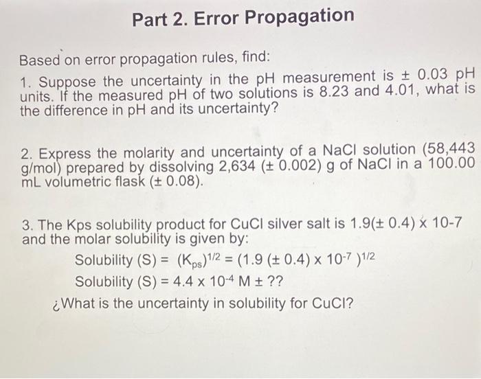 Solved Part 2 Error Propagation Based On Error Propagation