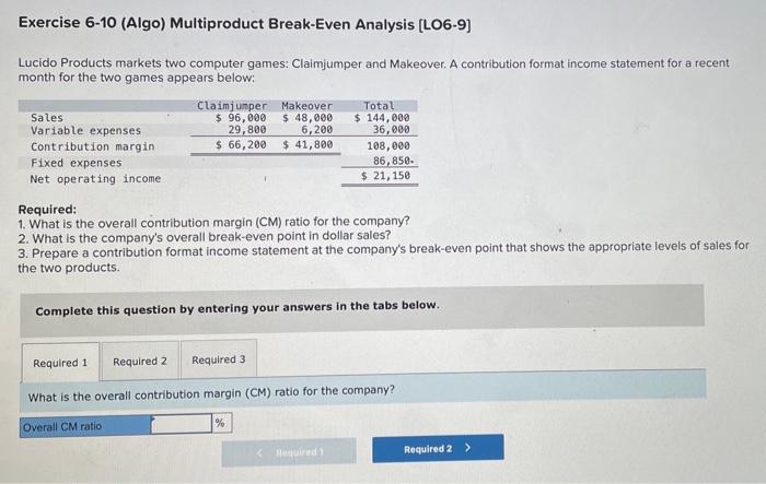 Solved Exercise 6-10 (Algo) Multiproduct Break-Even Analysis | Chegg.com