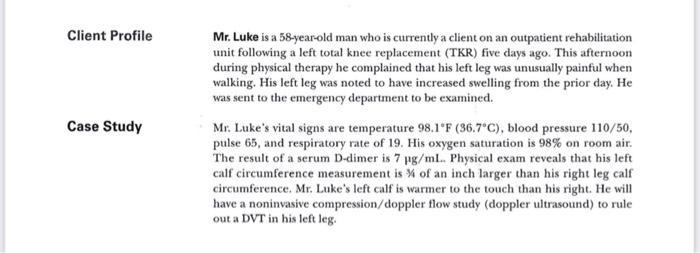 Solved please answer because of the DVT , Mr luke is at risk | Chegg.com
