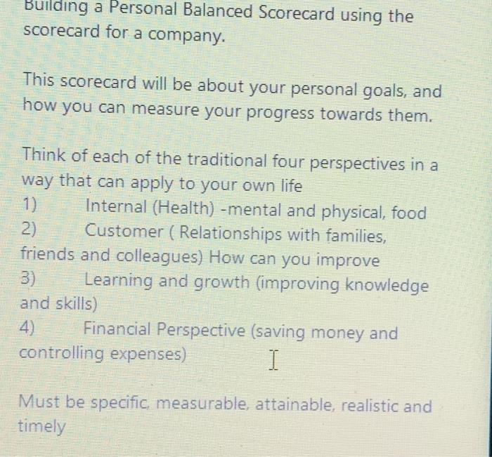 Solved Building a Personal Balanced Scorecard using the | Chegg.com