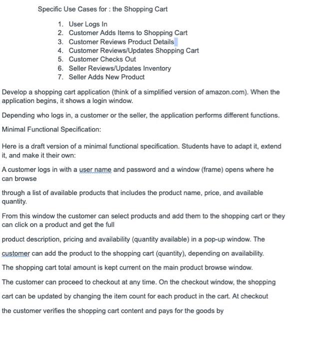 Solved Specific Use Cases for : the Shopping Cart 1. User | Chegg.com