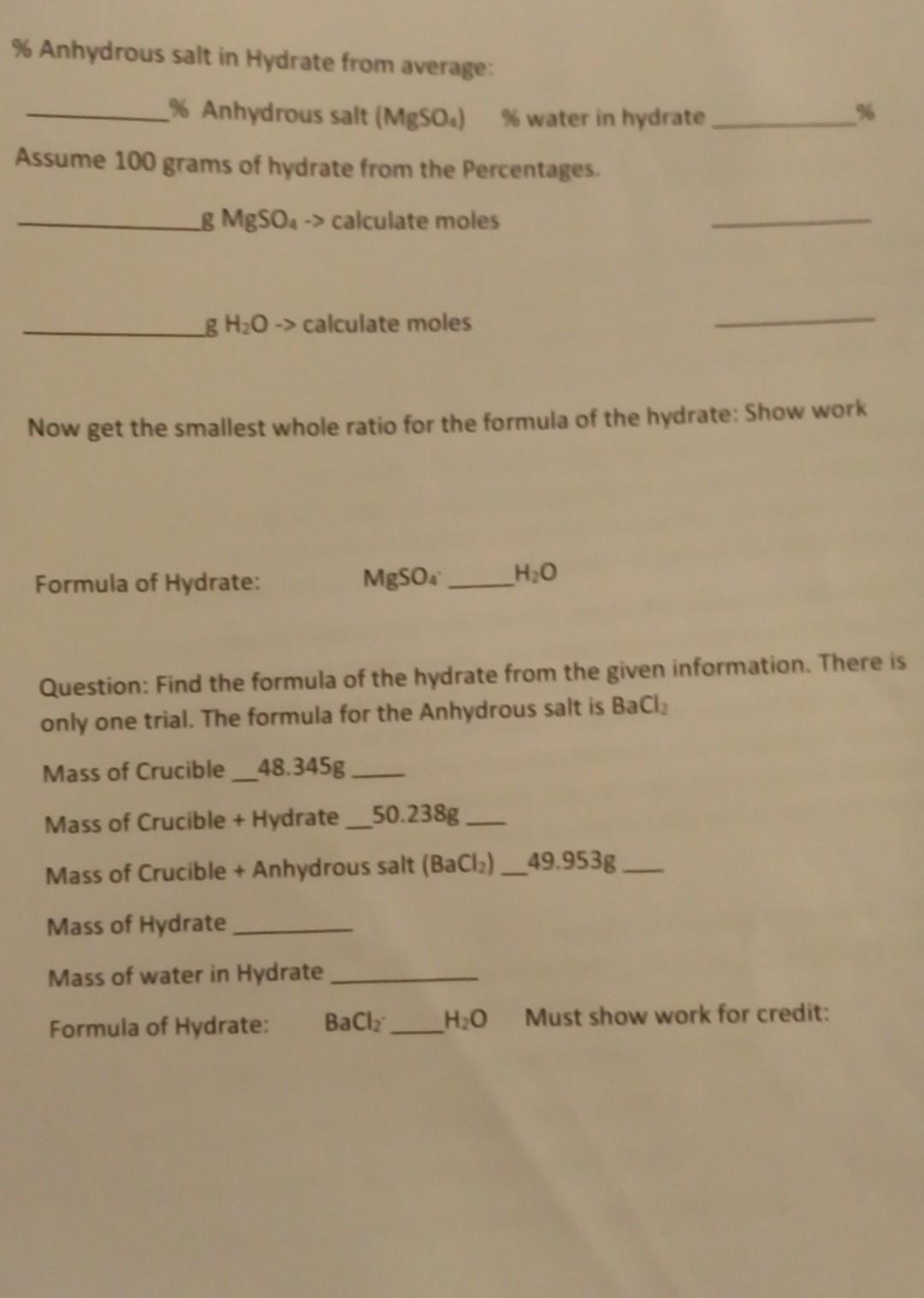 Solved % Anhydrous salt in Hydrate from average: % Anhydrous | Chegg.com