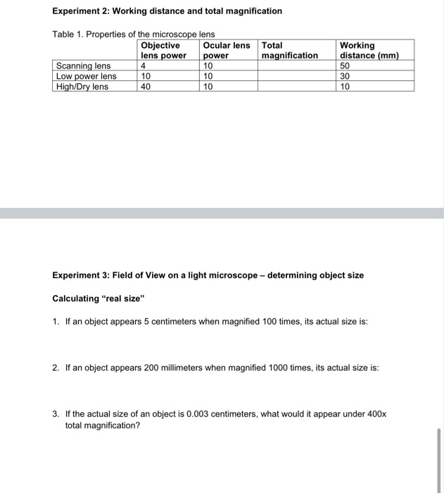 Solved Experiment 2: Working distance and total | Chegg.com