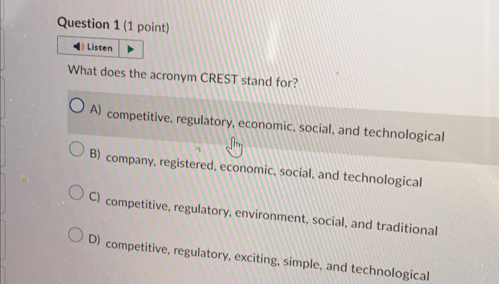 Solved Question 1 (1 ﻿point)ListenWhat does the acronym | Chegg.com