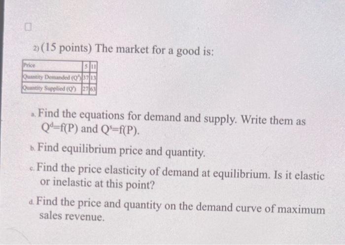 Solved 2) ( 15 points) The market for a good is: a. Find the | Chegg.com