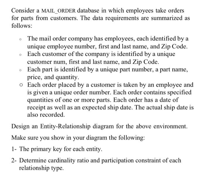 Solved Consider a MAIL_ORDER database in which employees | Chegg.com