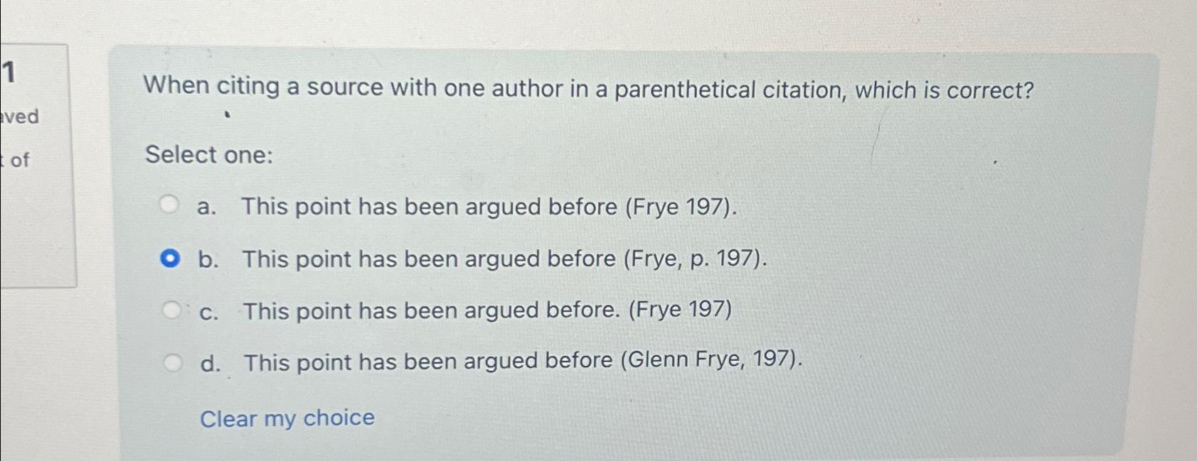 Solved When citing a source with one author in a | Chegg.com