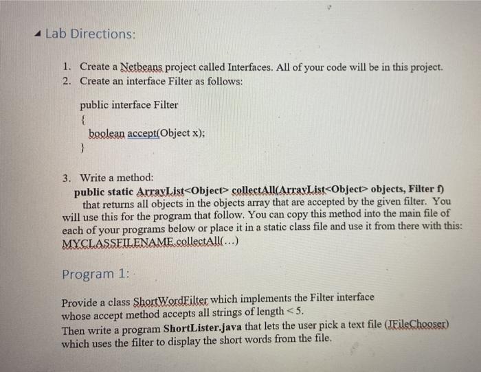 Solved Lab Directions: 1. Create a Netbeans project called | Chegg.com