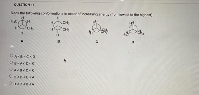 Solved QUESTION 14 Rank the following conformations in order | Chegg.com