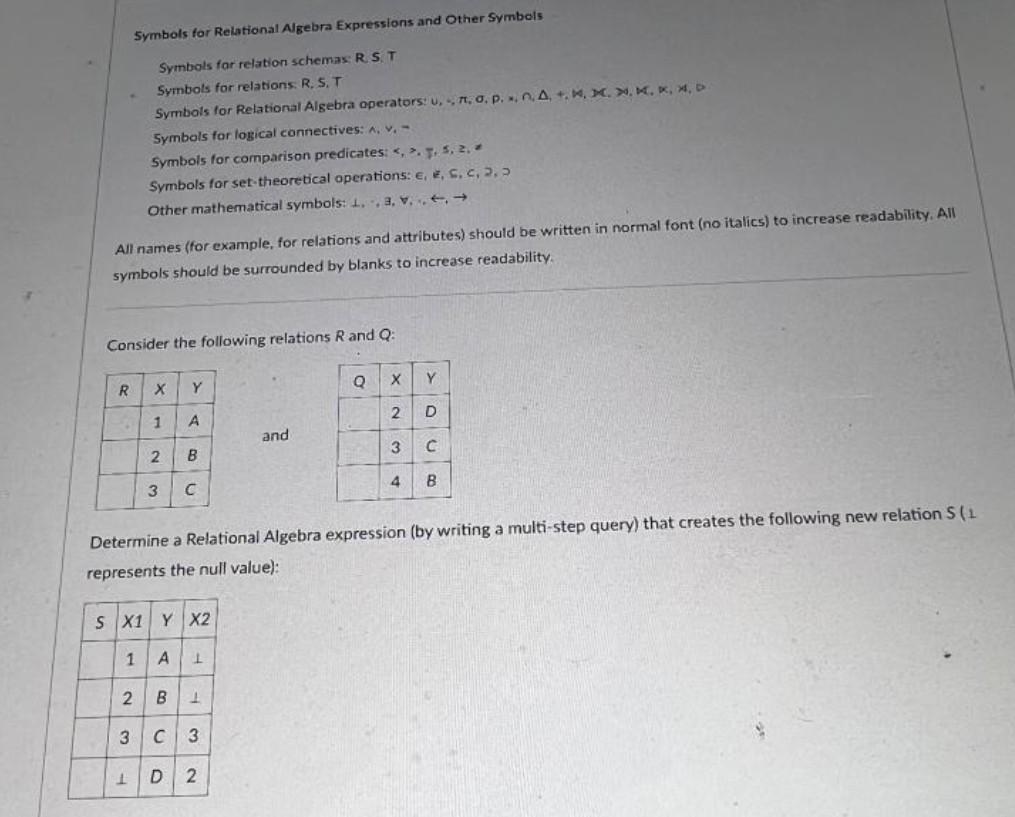 Solved Symbols for Relational A Bebra Expressions and Other | Chegg.com