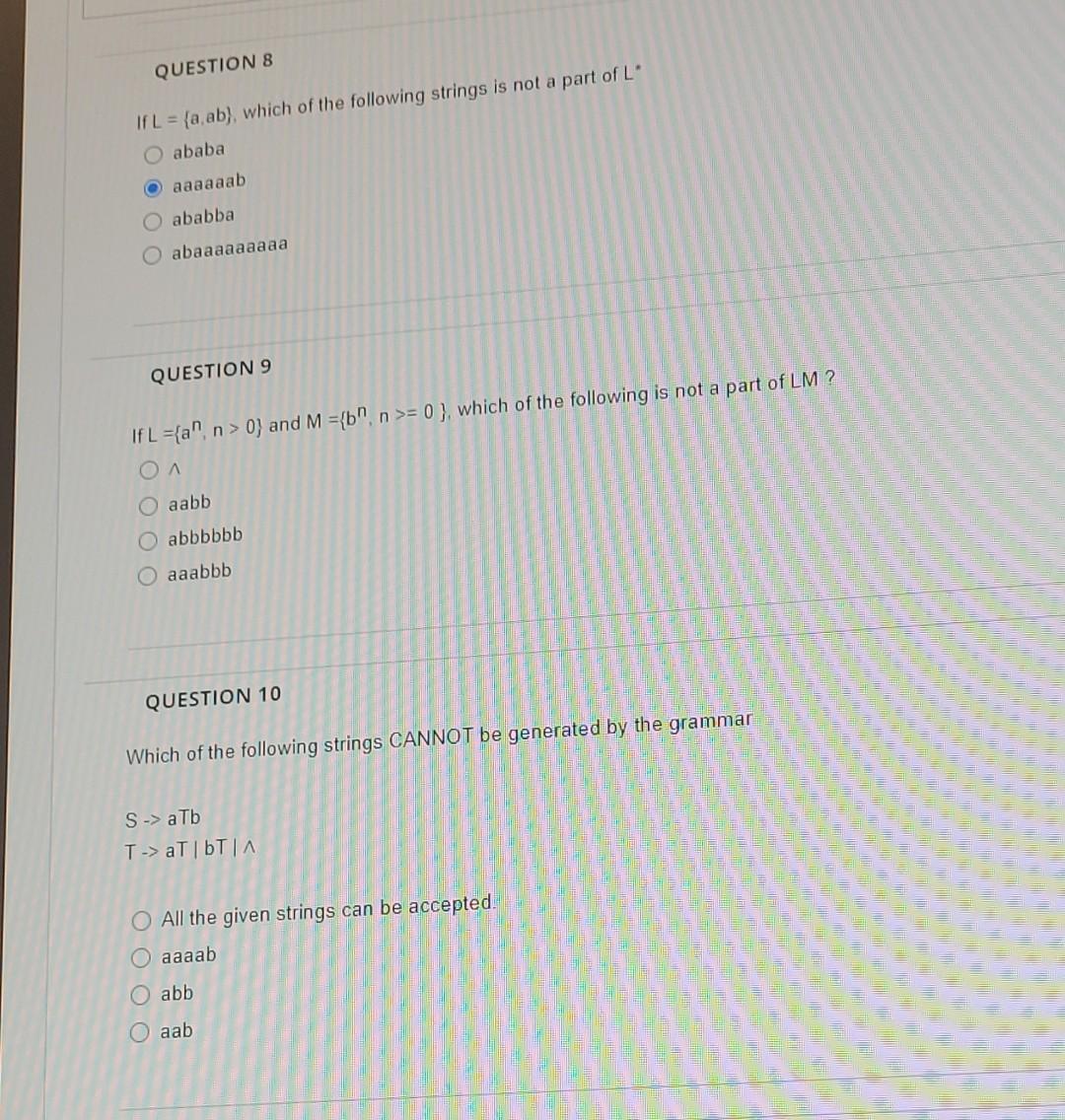 Solved If L={a,ab}, which of the following strings is not a | Chegg.com