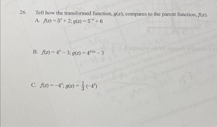 Solved 26. Tell how the transformed function, g(x), compares | Chegg.com