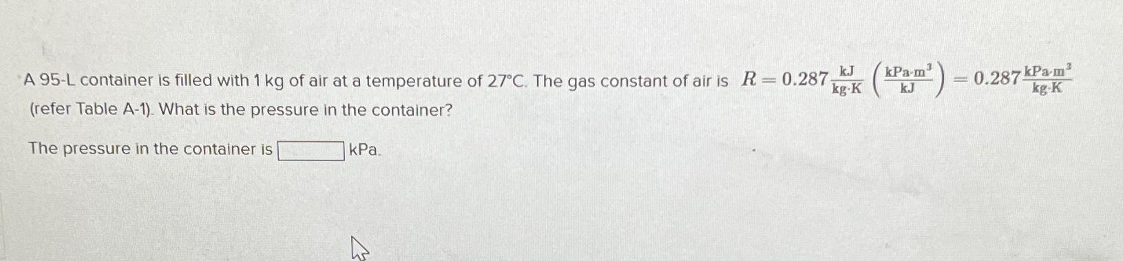 Solved A 95- ﻿L container is filled with 1kg ﻿of air at a | Chegg.com