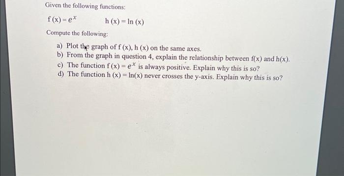 Solved Given the following functions: f(x)=ex h(x)=ln(x) | Chegg.com