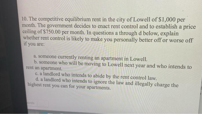 Solved 10. The competitive equilibrium rent in the city of | Chegg.com