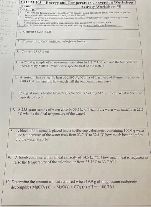 Solved CHEM 103 - Energy and Temperature Conversion | Chegg.com