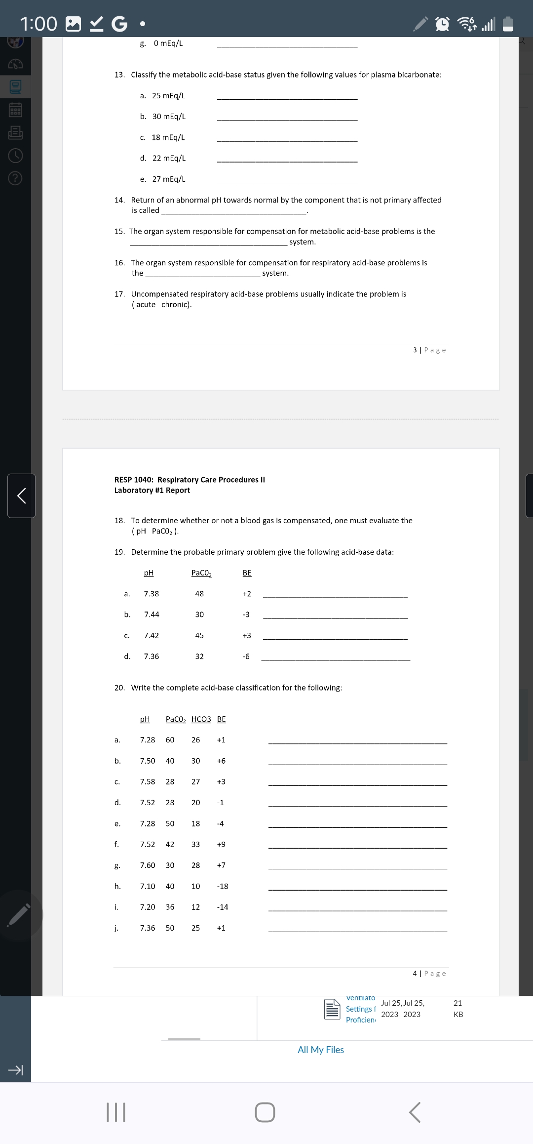 Solved Classify the metabolic acid-base status given the | Chegg.com