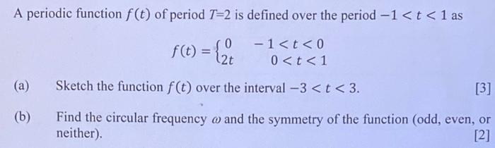 Solved A periodic function f(t) of period T=2 is defined | Chegg.com