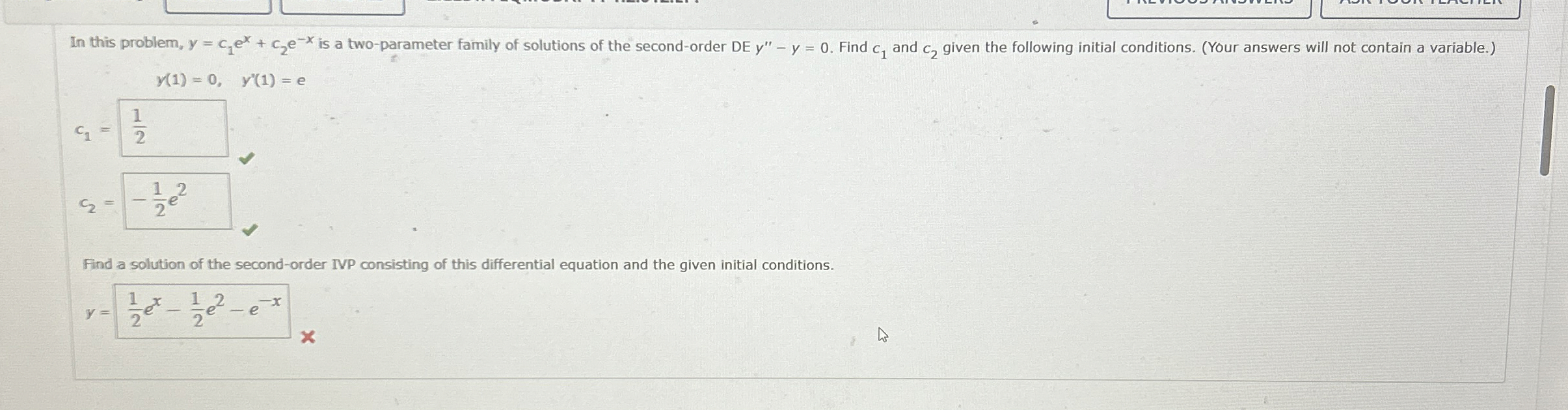 Solved In this problem, y=c1ex+c2e-x ﻿is a two-parameter | Chegg.com
