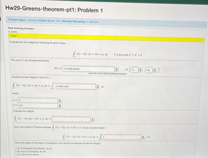 Solved Hw29-Greens-theorem-pt1: Problem 1 Problem Value: 1 | Chegg.com