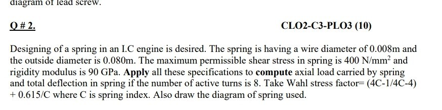 Solved diagram of lead screw. Q #2. CLO2-C3-PLO3 (10) | Chegg.com