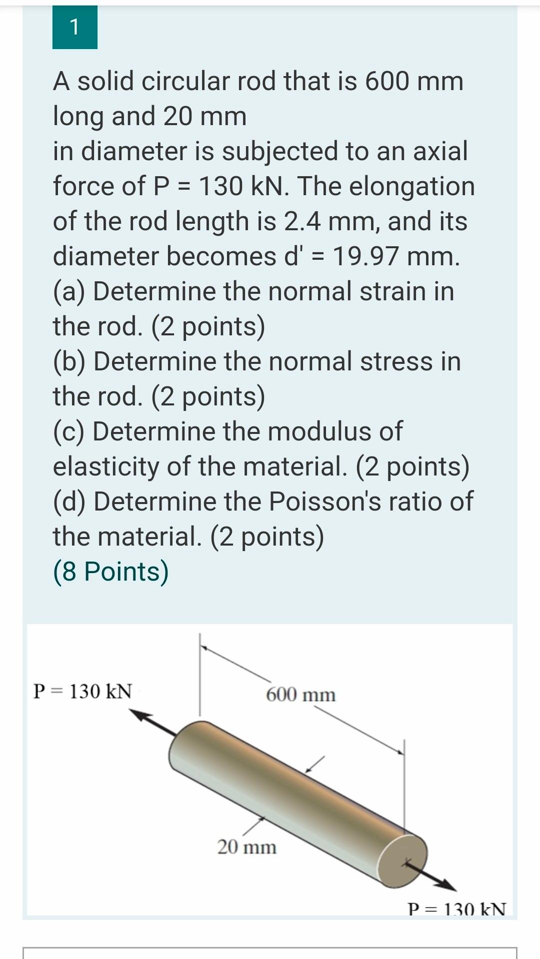 Solved 1 A solid circular rod that is 600 mm long and 20 mm | Chegg.com