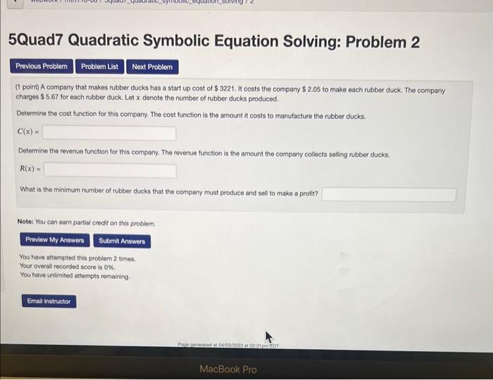 Solved Quad7 Quadratic Symbolic Equation Solving: Problem 2 | Chegg.com