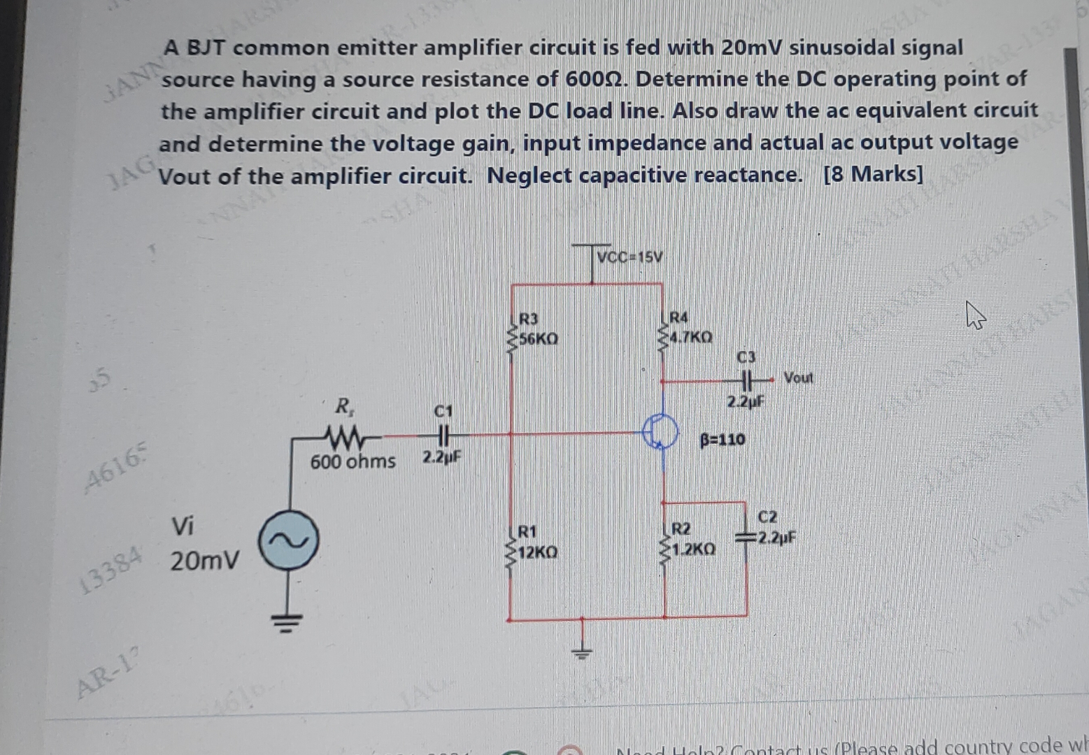 Solved A BJT common emitter amplifier circuit is fed with | Chegg.com