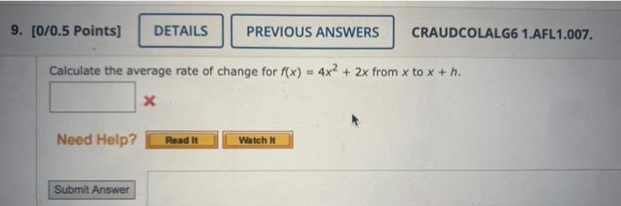 Solved Calculate the average rate of change for f(x)=4x2+2x | Chegg.com