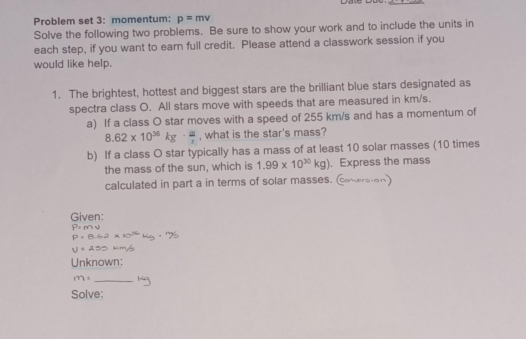 Solved Problem set 3: momentum: p = mv Solve the following | Chegg.com