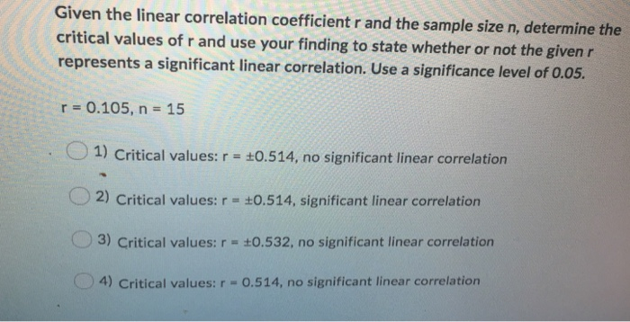 Solved Given the linear correlation coefficient r and the | Chegg.com