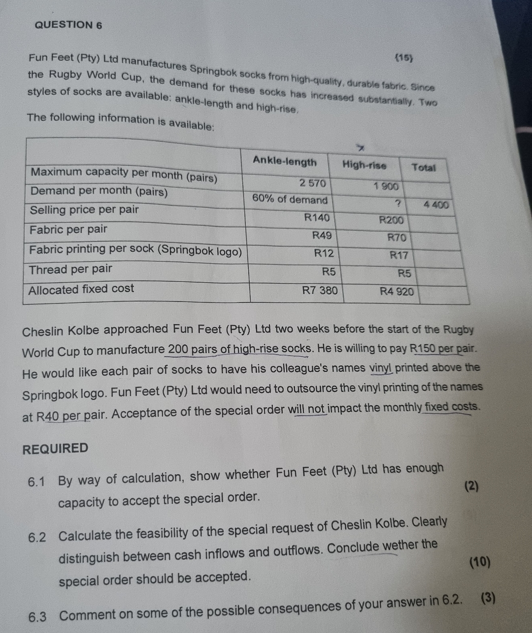 Solved QUESTION 6Fun Feet (Pty) ﻿Ltd manufactures Springbok | Chegg.com