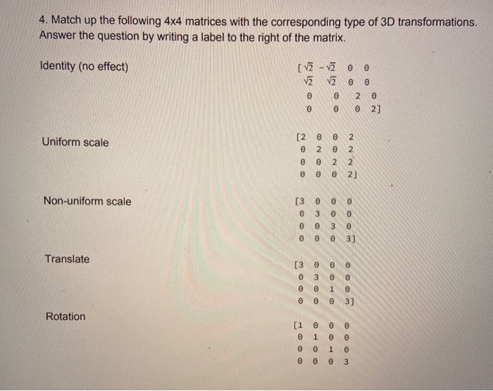 Solved 4. Match up the following 4x4 matrices with the | Chegg.com