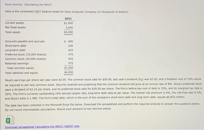 Solved Excel Activity: Calculating the WACC Here is the | Chegg.com