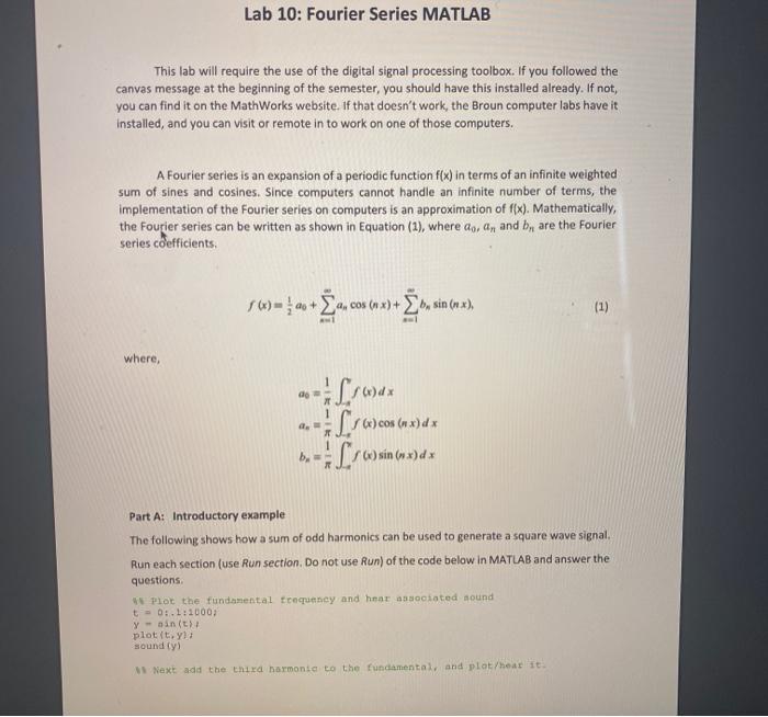 Lab 10 Fourier Series Matlab This Lab Will Require