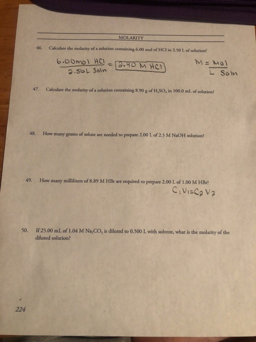 Solved MOLARITY Calculate the molarity of a solution | Chegg.com