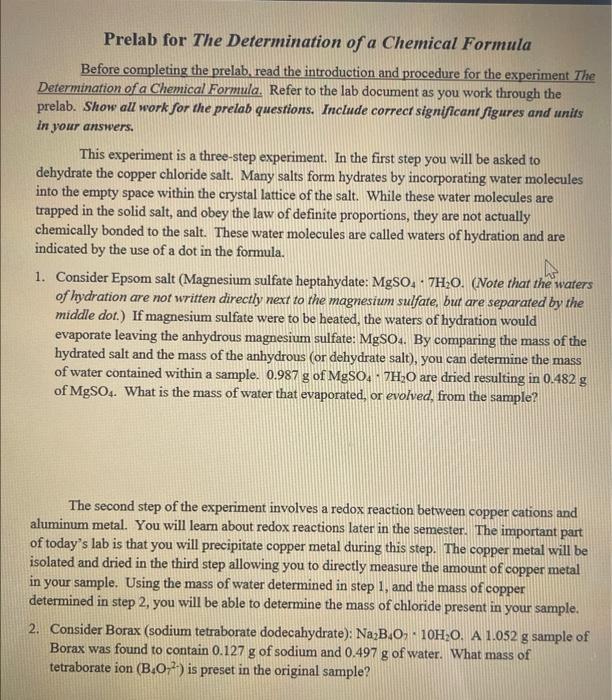 Solved Prelab for The Determination of a Chemical Formula | Chegg.com