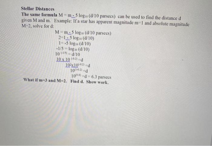 Solved Stellar Distances The same formula M=m- 5 log10 (d/10 | Chegg.com