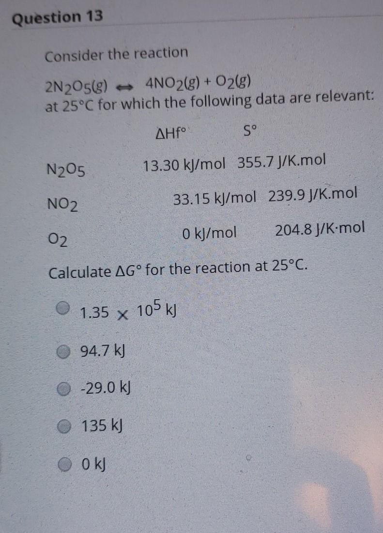 Solved Question 13 Consider the reaction 2N205(g) 4NO2(g) + | Chegg.com