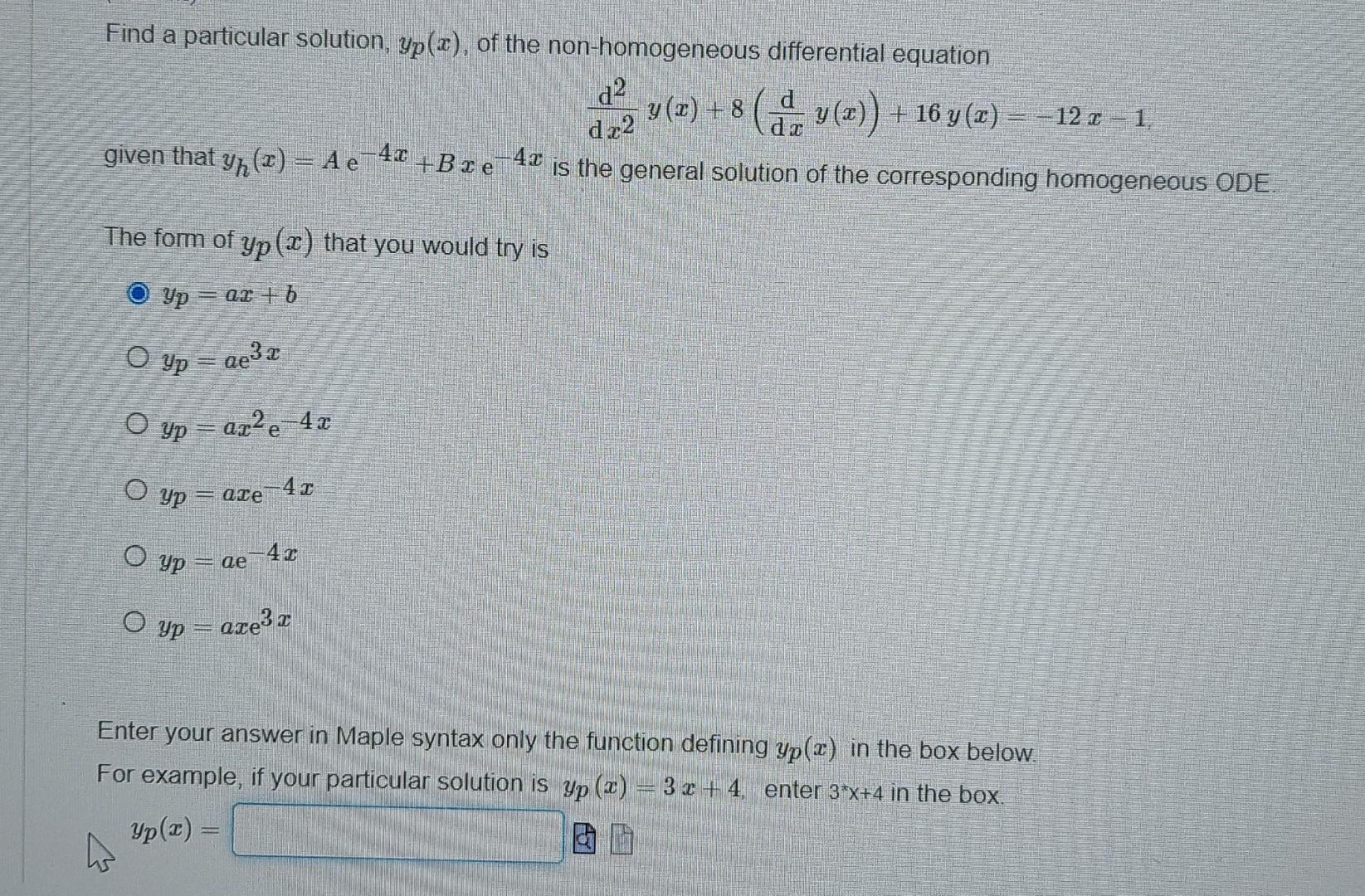 Solved Find a particular solution, yp(x), of the | Chegg.com