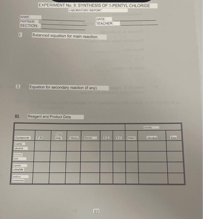 Solved EXPERIMENT NO. 9: SYNTHESIS OF 1-PENTYL CHLORIDE | Chegg.com