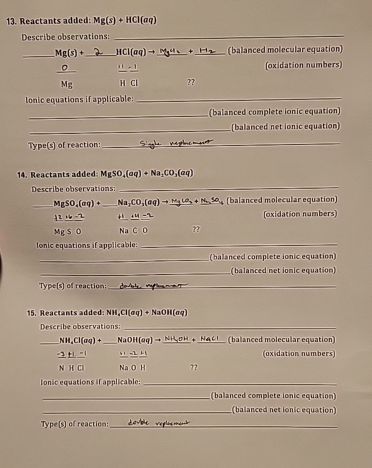 Solved Reactants added: Mg(s)+HCl(aq)Describe | Chegg.com