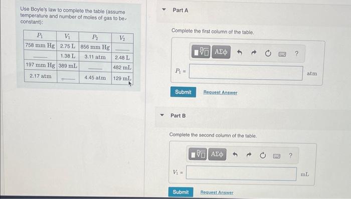 Solved Use Boyle's law to complete the table (assume Part A | Chegg.com