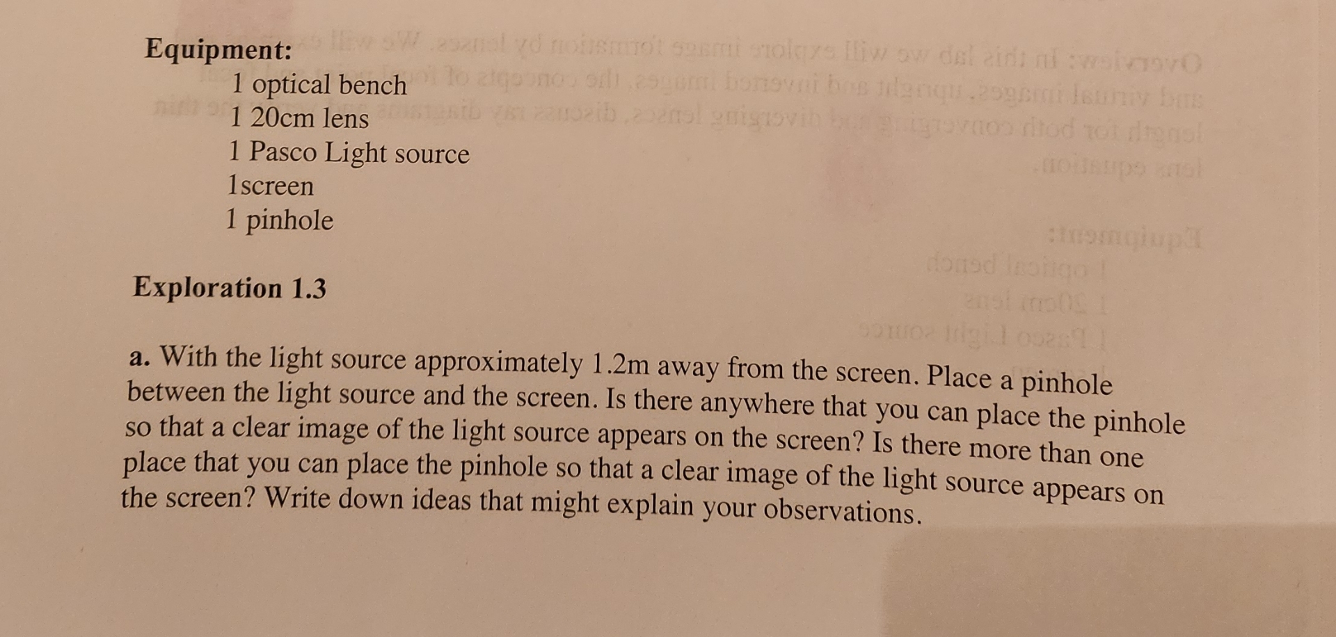 Solved Equipment:1 ﻿optical bench120cm ﻿lens1 ﻿Pasco Light | Chegg.com