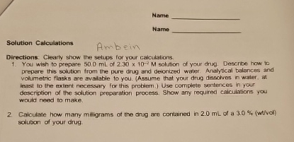 Name Name Solution CalculationsAmbeinDirections: | Chegg.com