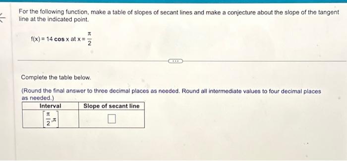 Solved For the followinf function make a table of slopes of | Chegg.com