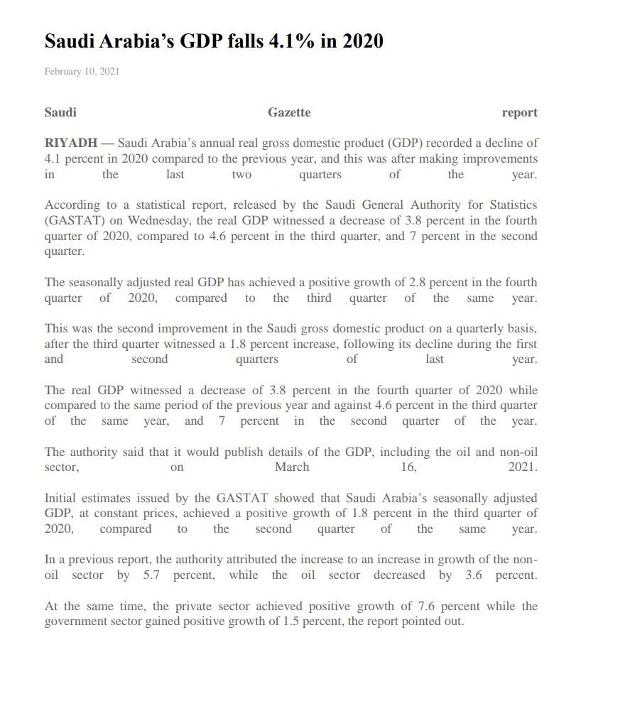 Saudi Arabia's GDP falls 4.1% 2020 February 10, 2021 | Chegg.com