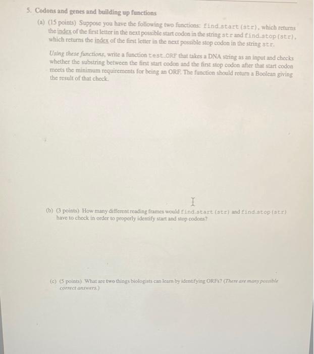 5. Codons and genes and building up functions (a) (15 | Chegg.com