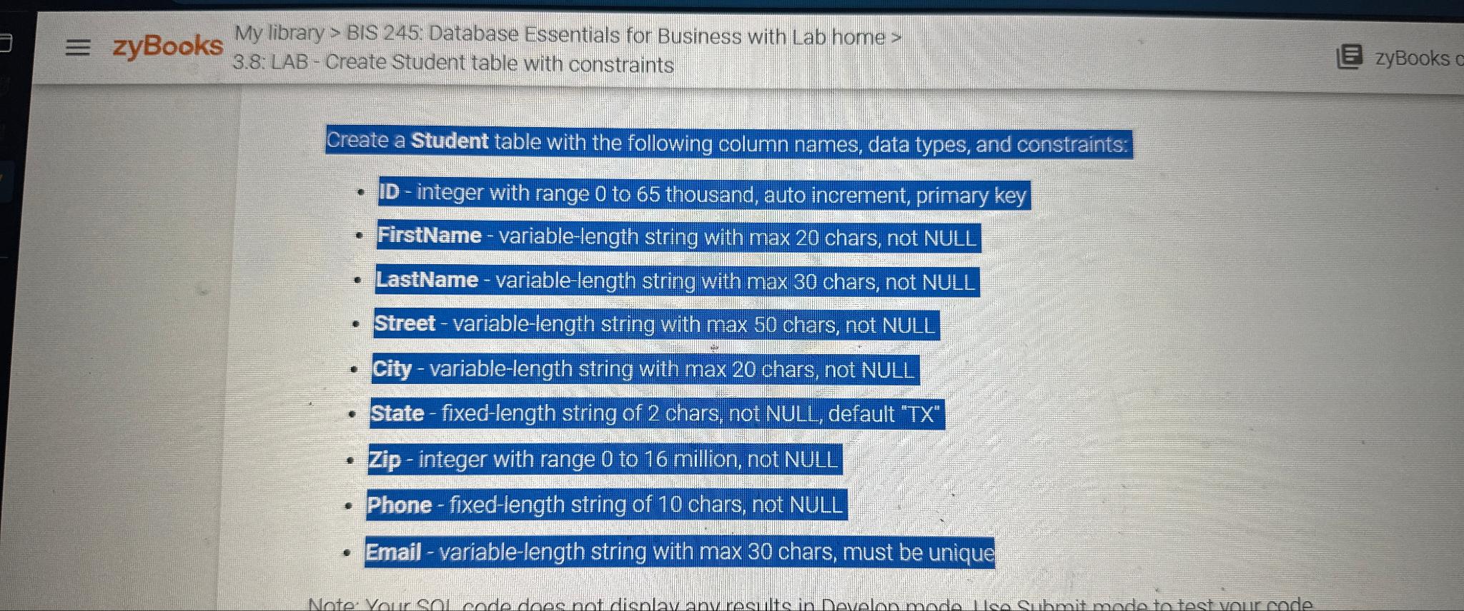 Solved zyBooks My ﻿library > ﻿BIS 245: Database Essentials | Chegg.com